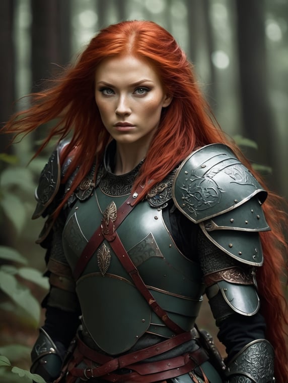 Premium Free ai Images | valkirya warrior red hair in dark forest