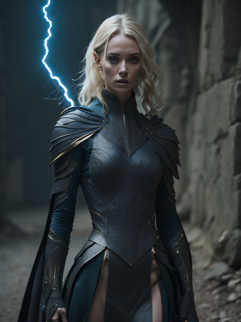Lumenor AI Image Generation - lightning queen in costume full length