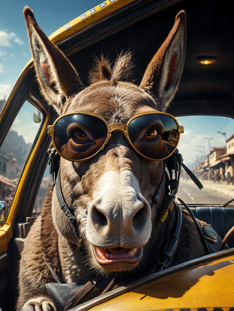 Premium Free ai Images | donkey taxi driver donkey sitting behind the ...