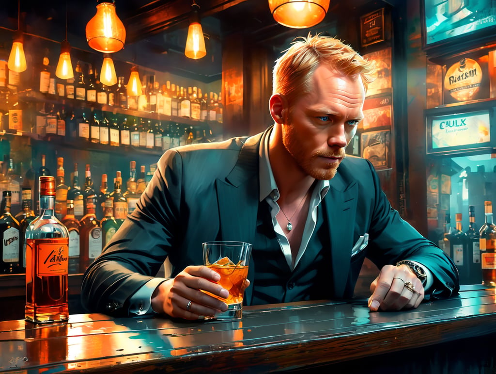 Premium Free ai Images | paul bettany down on his luck drinking scotch ...