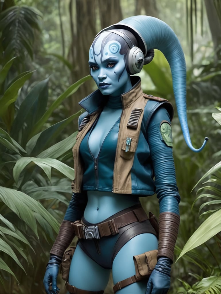 Premium Free ai Images | star wars blue skinned twilek female long head tails pilot jacket ...