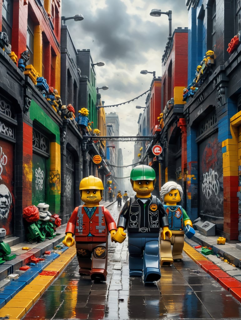 Premium Free ai Images | two lego figures walking down the street ...