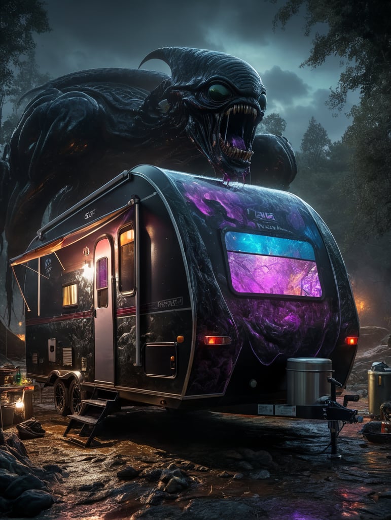 Premium Free ai Images | alien camping trailer made of black alien ...