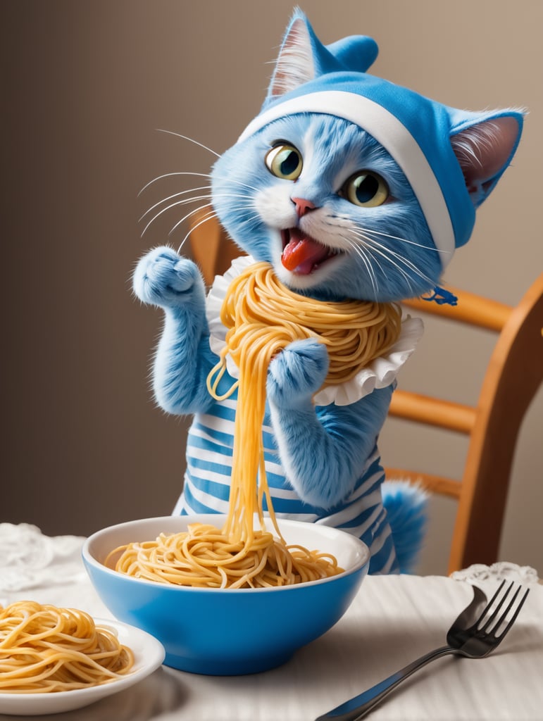 Premium Free ai Images | cat smurf wearing dress and eating spaghetti