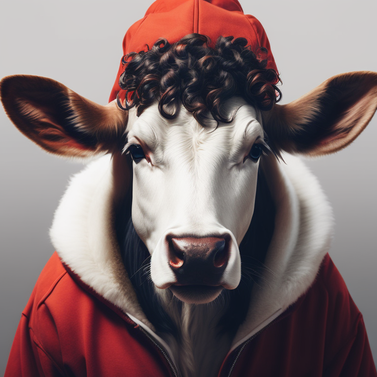 Lumenor AI Image Generation - hip hop white cow portrait in red hoodie ...