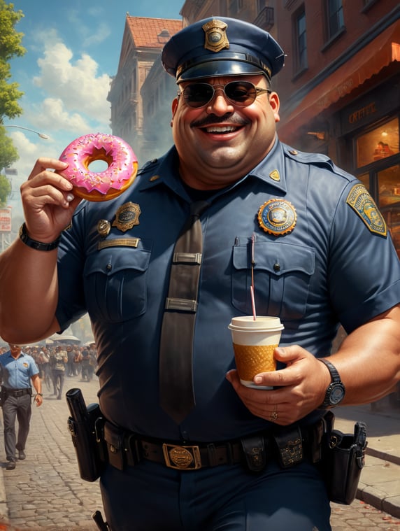 Premium Free ai Images | very fat cop with donut and cup of coffee ...