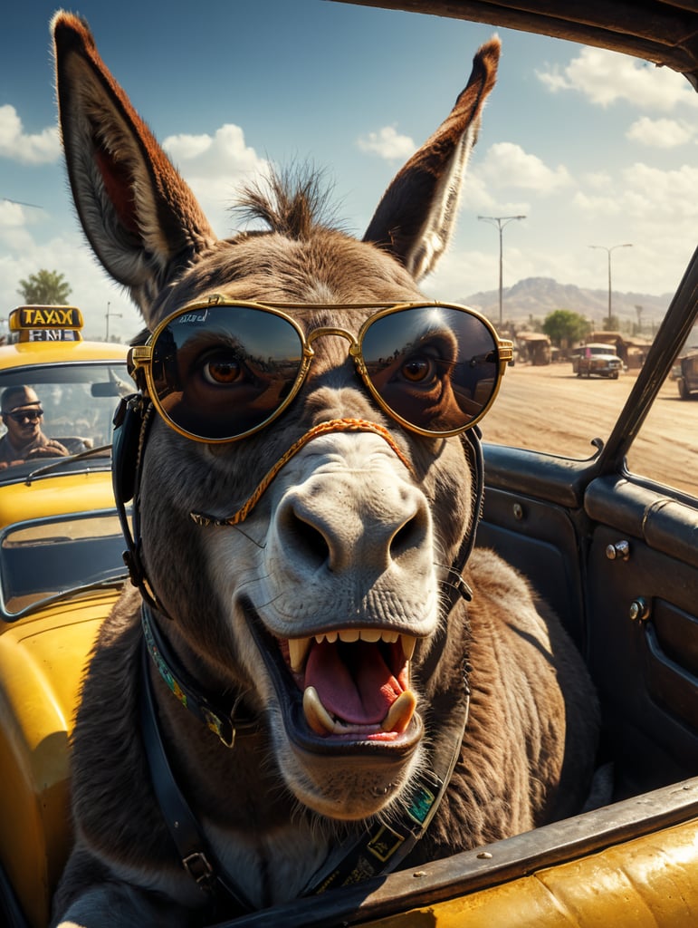Premium Free ai Images | donkey taxi driver donkey sitting behind the ...