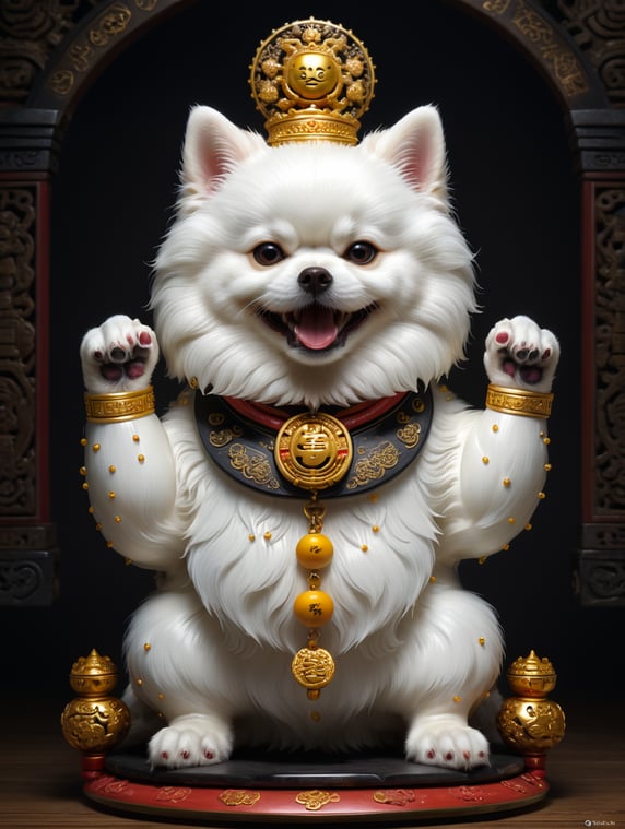 Premium Free ai Images | white pomeranian as maneki neko raising one paw