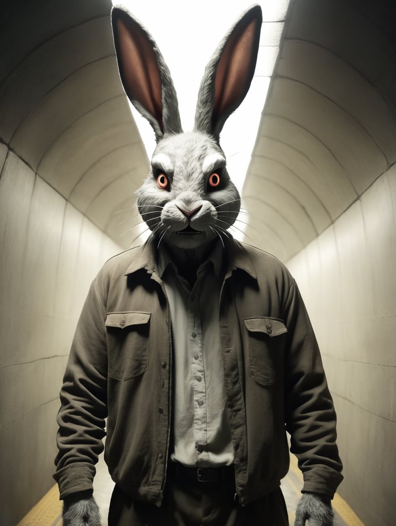 Premium Free ai Images | scary bunny man is in tunnel he has old ...