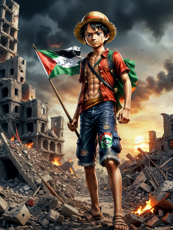 Premium Free ai Images | one piece luffy young carrying palestine flag ...