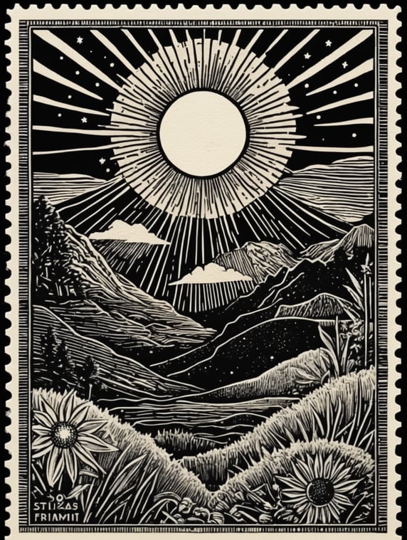 Premium Free ai Images | black and white linocut postage stamp sun ...