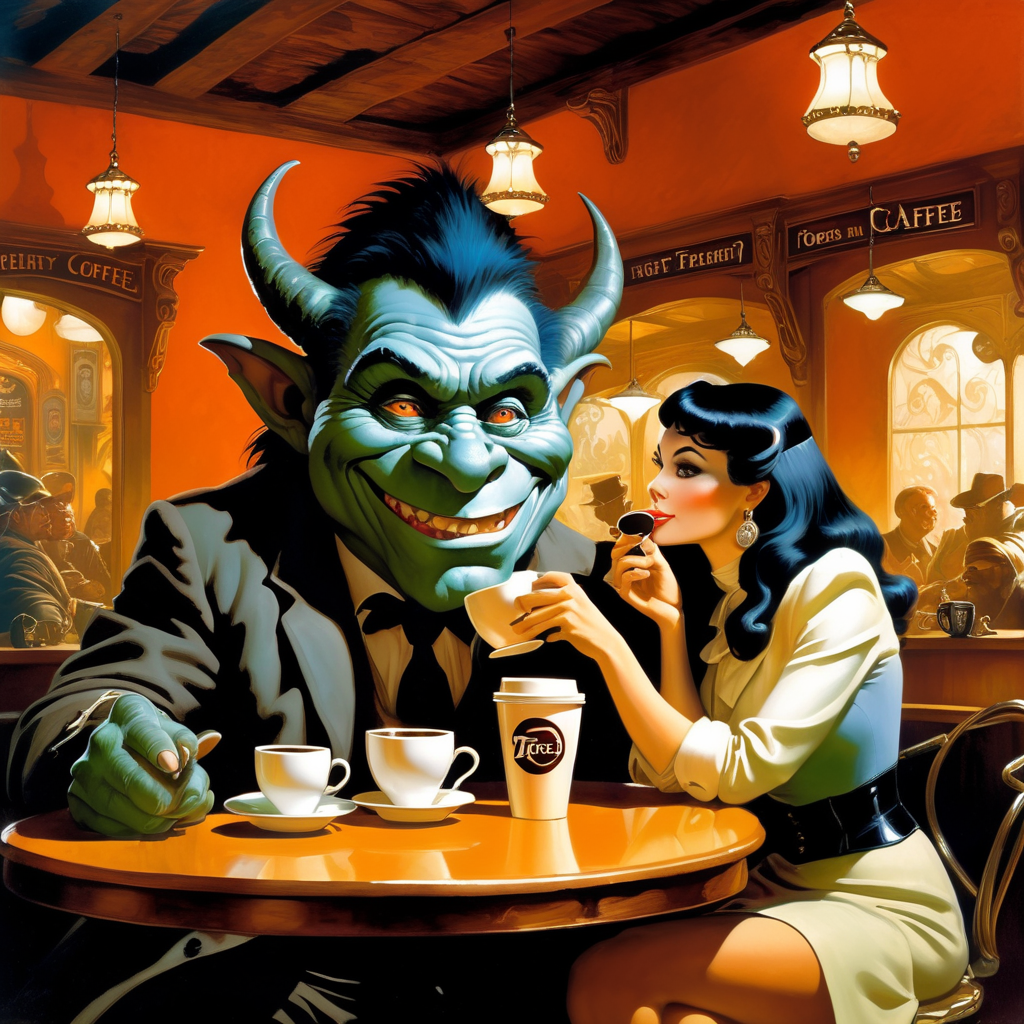 Premium Free ai Images | troll and woman have coffee in an internet ...