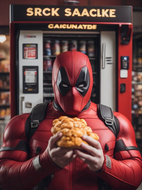 Premium Free ai Images | overly obese deadpool eating snack from ...