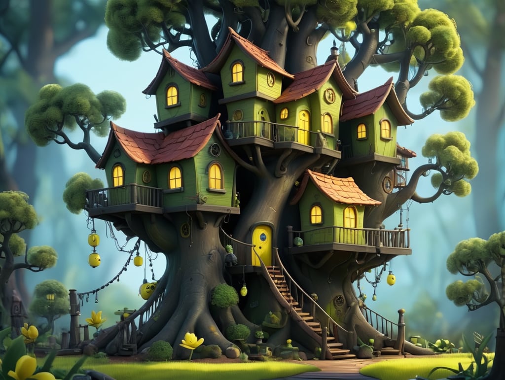 Premium Free ai Images | an elaborate whimsical bright yellow treehouse ...