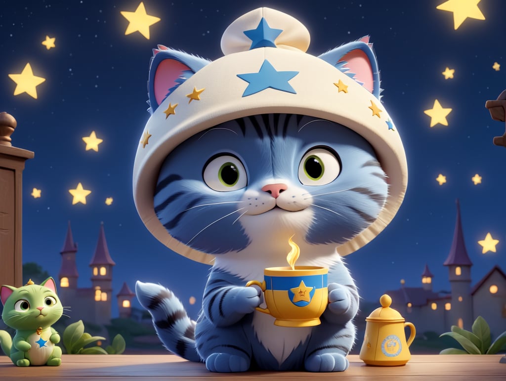 Premium Free ai Images | cat wearing cap holding cup of tea at night ...