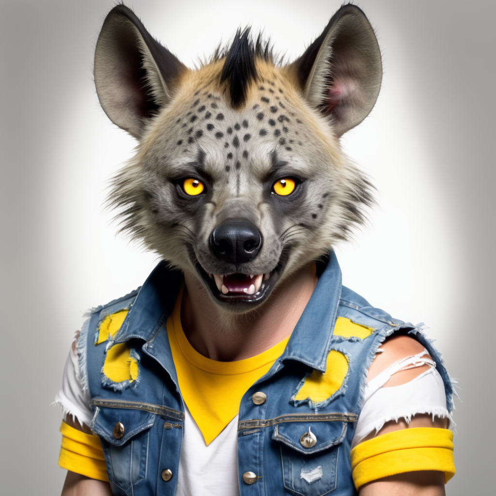 Premium Free ai Images | furry hyena with yellow eyes wearing cutoff ...