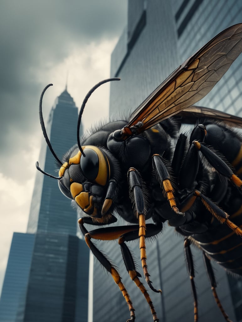 Premium Free ai Images | gigantic wasp climbs up on skyscraper