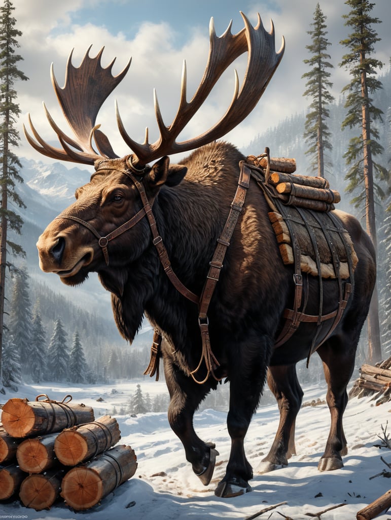 Premium Free ai Images | large bull moose harnessed with leather straps ...