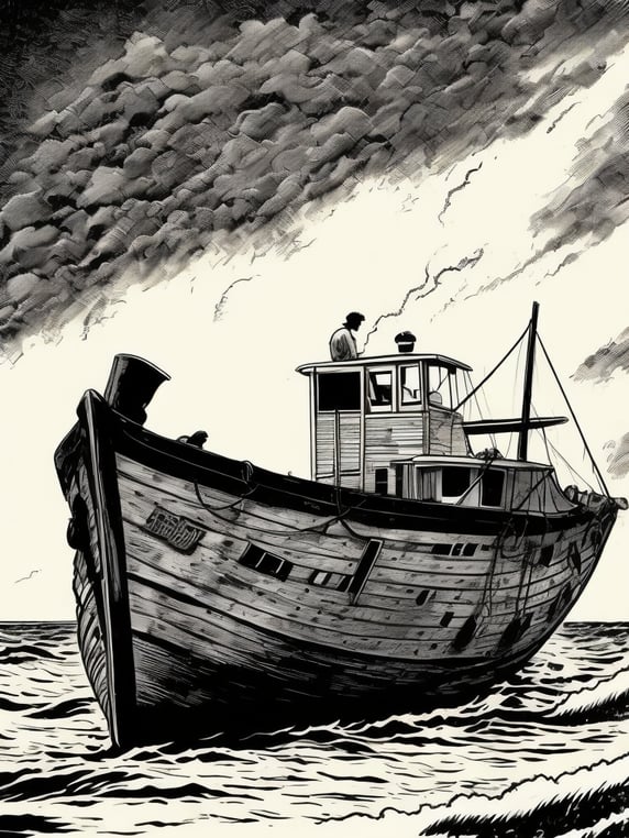 Premium Free ai Images | broken old boat in big storm illustrated by ...