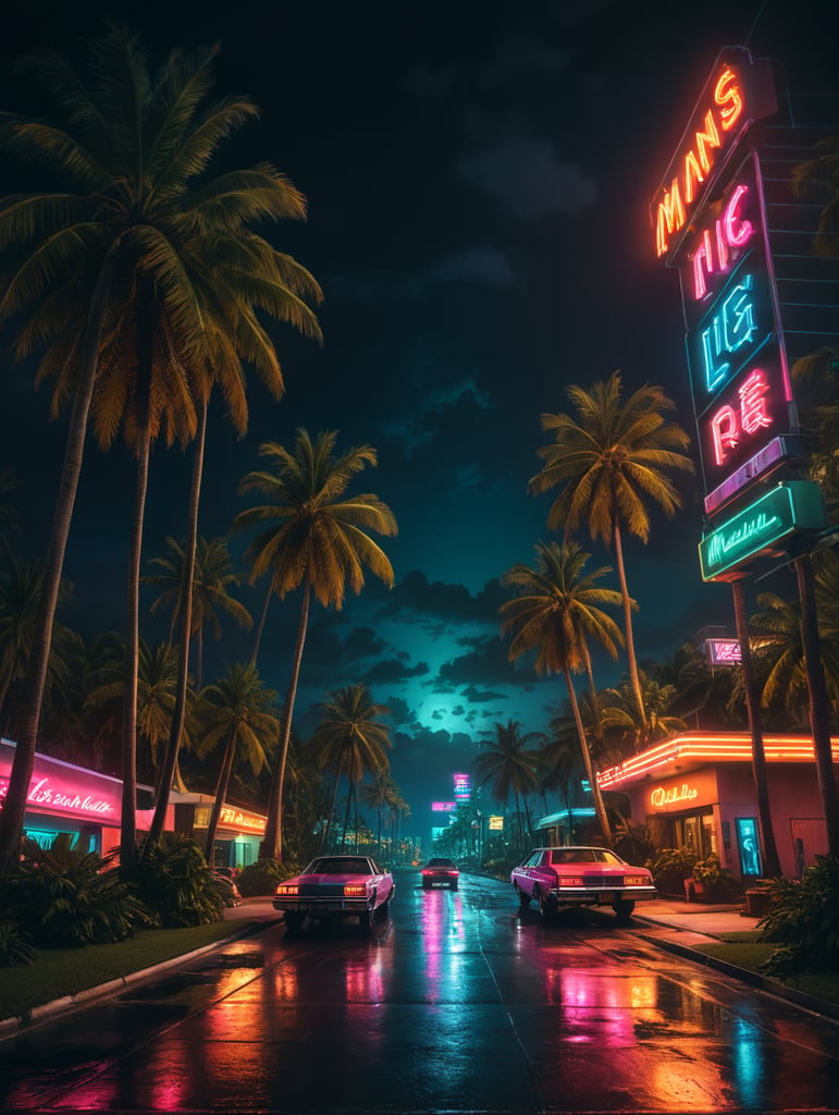 Premium Free ai Images | miami neon lights nighttime palm trees