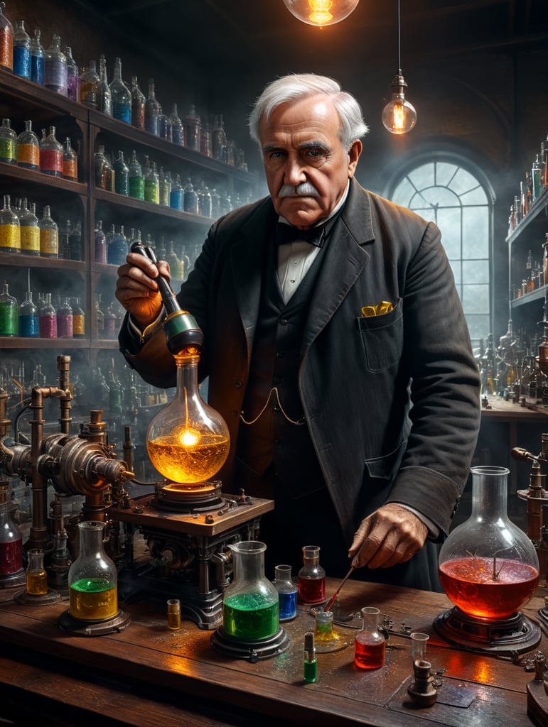 Premium Free ai Images | thomas edison in lab mixing chemicals
