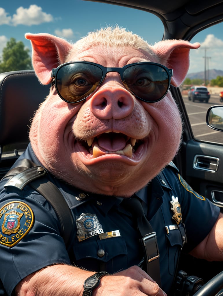 Premium Free ai Images | angry pig police officer sitting behind the ...
