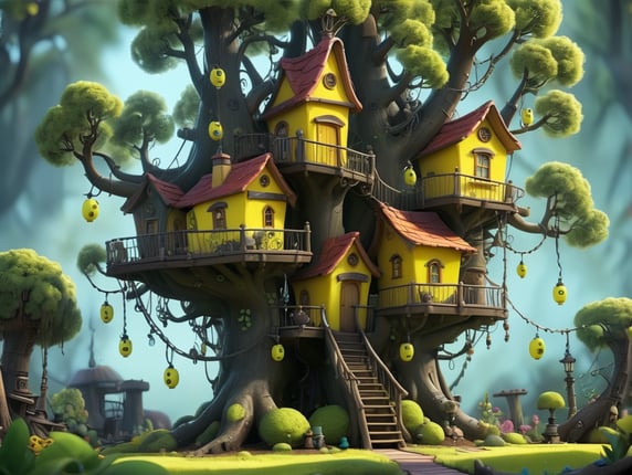 Premium Free ai Images | an elaborate whimsical bright yellow treehouse ...