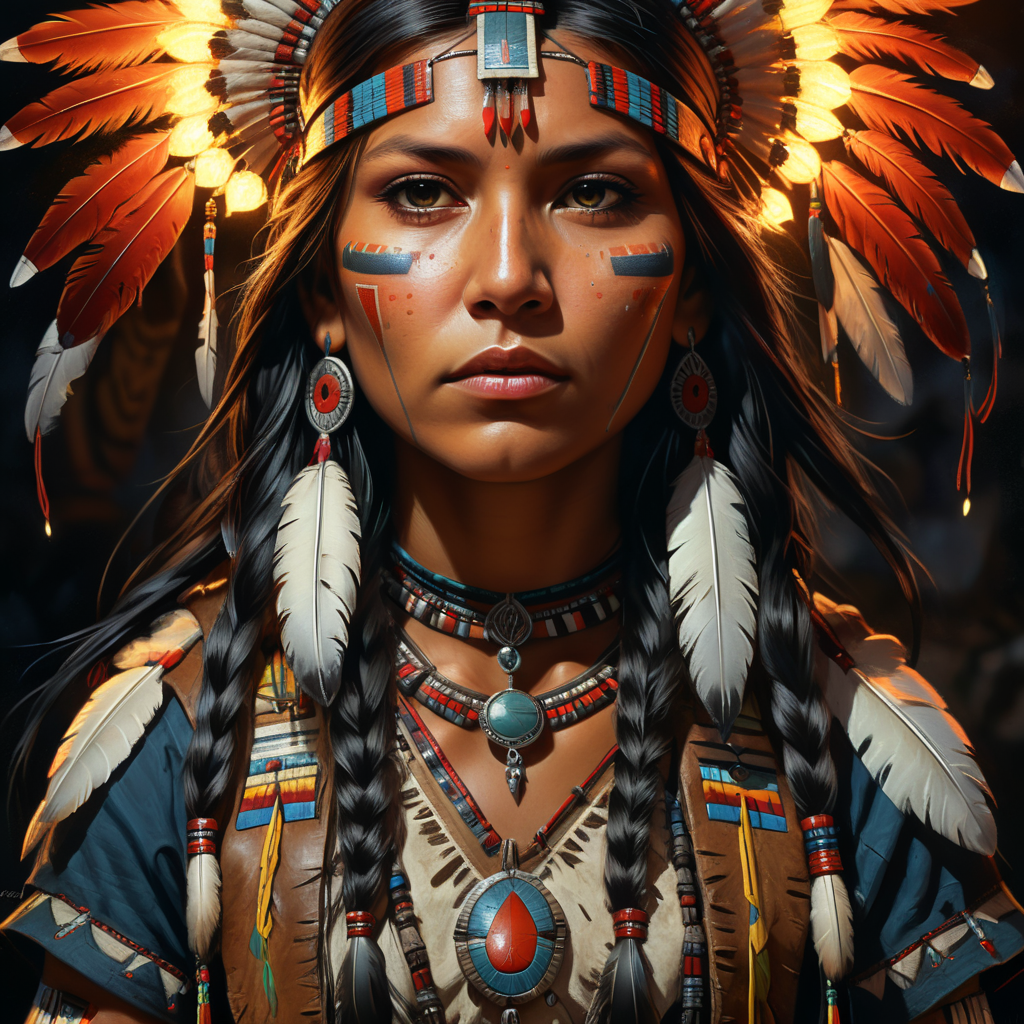 Premium Free ai Images | american indian girl flat style portrait oil ...