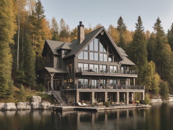 Premium Free ai Images | cottage on lake big windows has covered ...