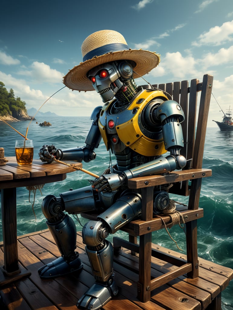 Premium Free ai Images | android robot fishing on the sea sitting on ...