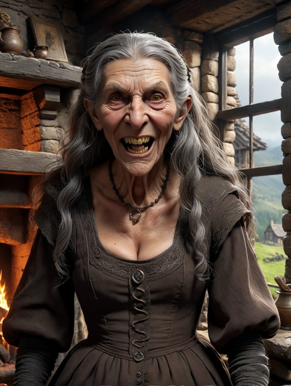 Premium Free ai Images | an old witch dressed in plain dark brown dress buttoned up to her neck ...