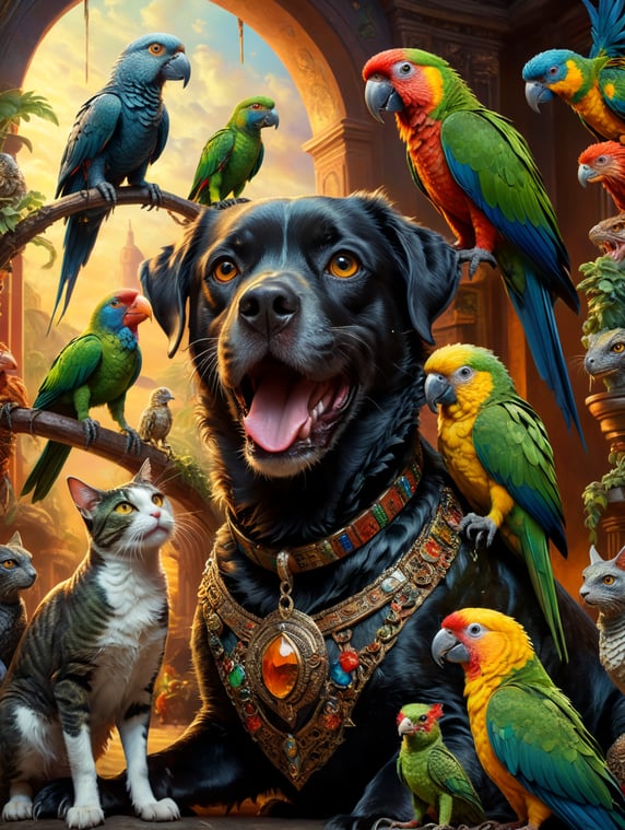 Premium Free ai Images | dog cat lizard and parrot all together on ...