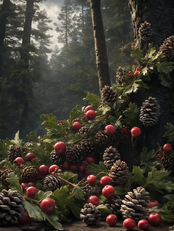 Premium Free ai Images | falling plants and fruit berries pine cones