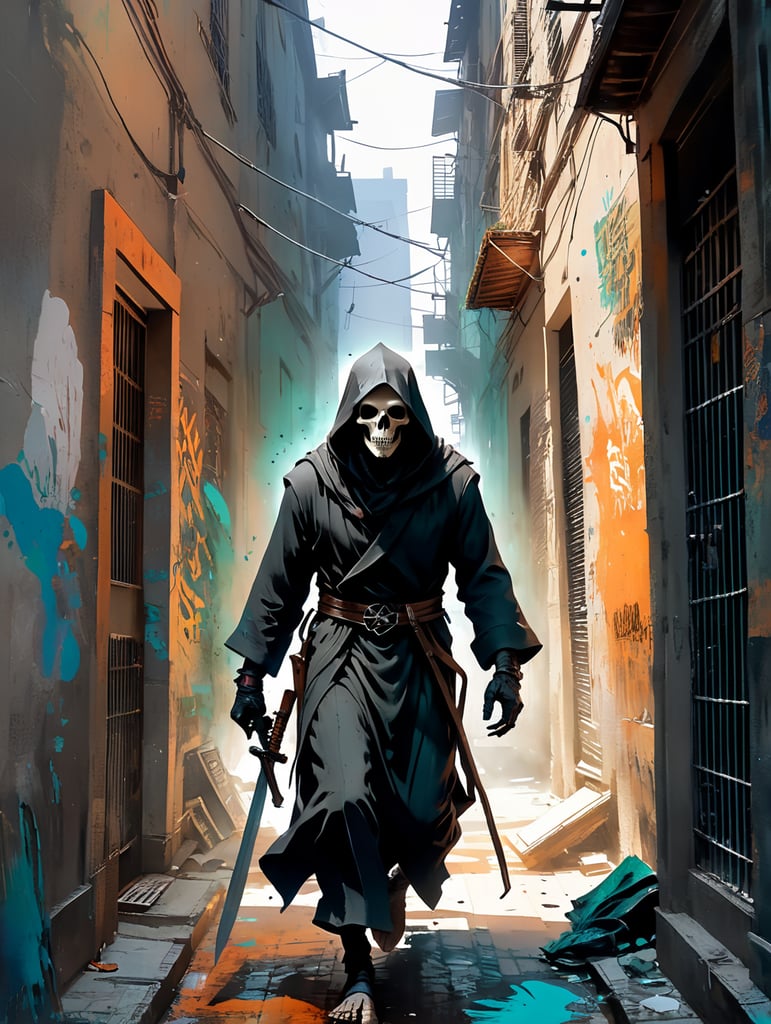 Premium Free ai Images | grim reaper running into an alleyway seen from ...