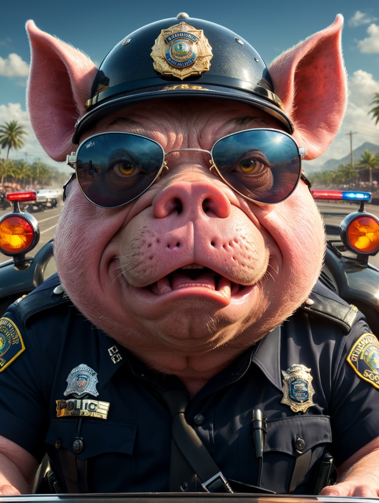 Premium Free ai Images | angry pig police officer sitting behind the ...