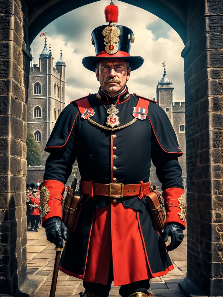 Premium Free ai Images | retro poster of beefeater man ceremonial guard ...