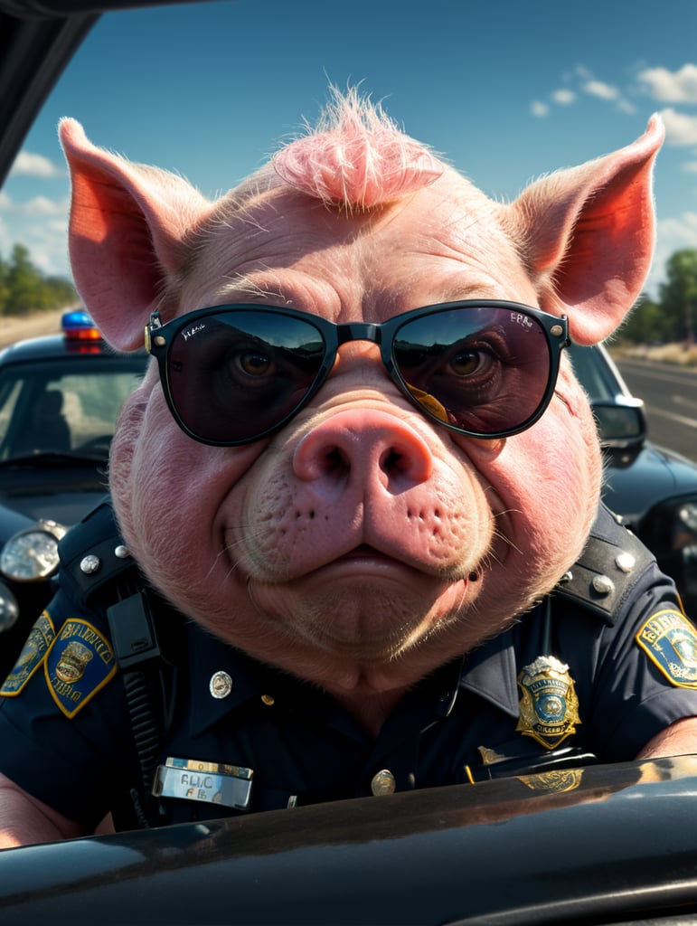 Premium Free ai Images | angry pig police officer sitting behind the ...
