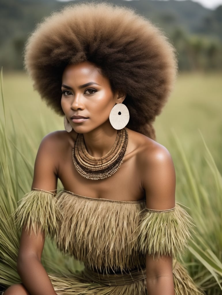 Premium Free ai Images | papua new guinea woman afro hair wearing grass ...