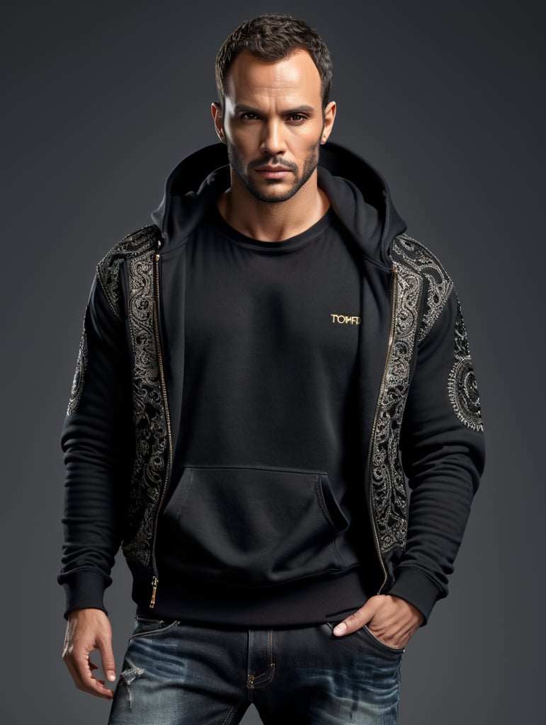 Premium Free ai Images | tom ford male model wearing black blank hoodie ...