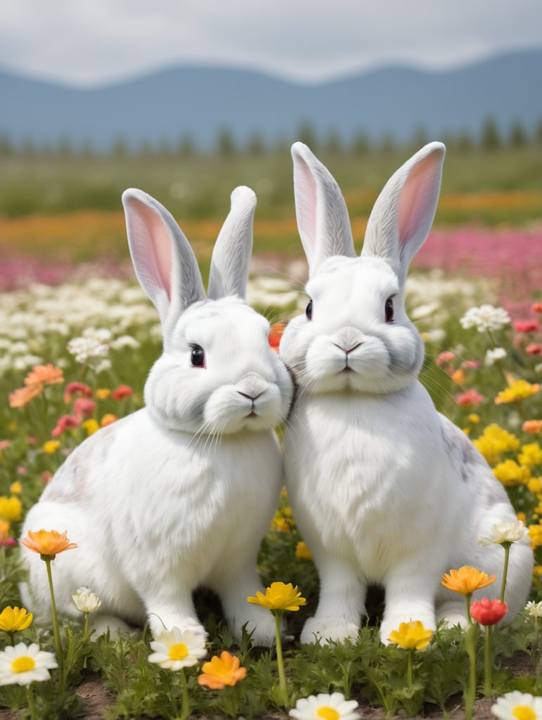 Premium Free ai Images | two rainbow bunnies in flower field