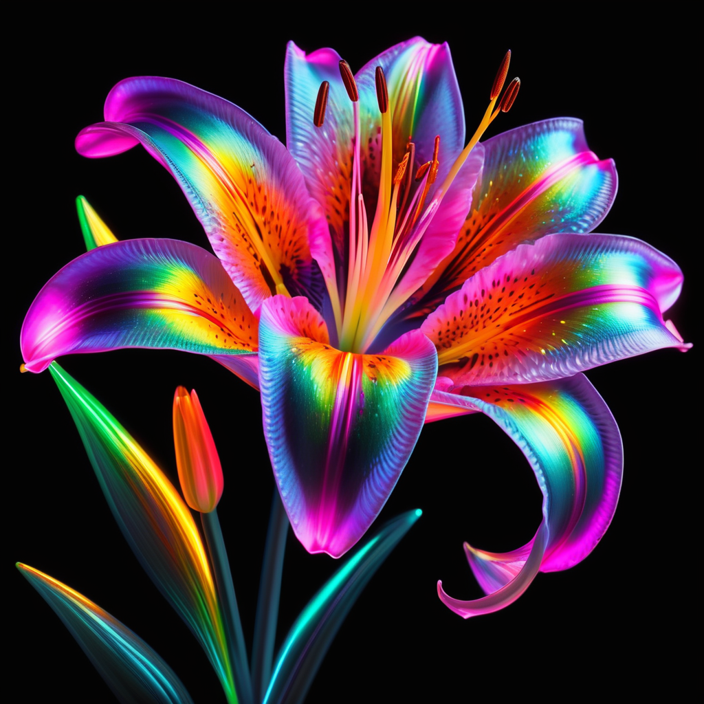 Premium Free ai Images | holographic neon lily with black background