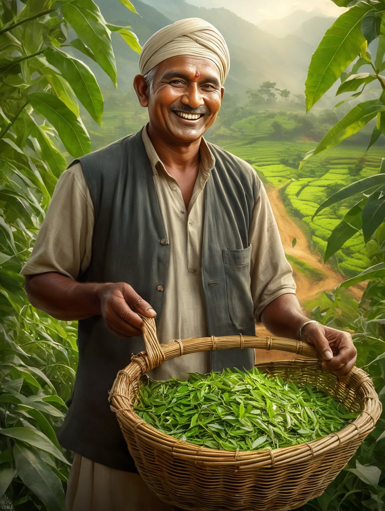 Lumenor AI Image Generation - smiling indian tea farmer holding green ...