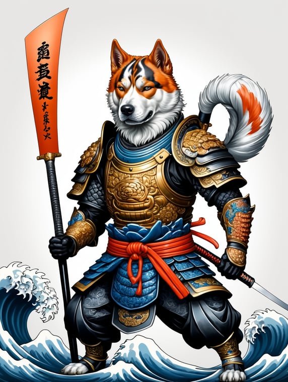 Premium Free ai Images | there is dog with fish and sword on white ...