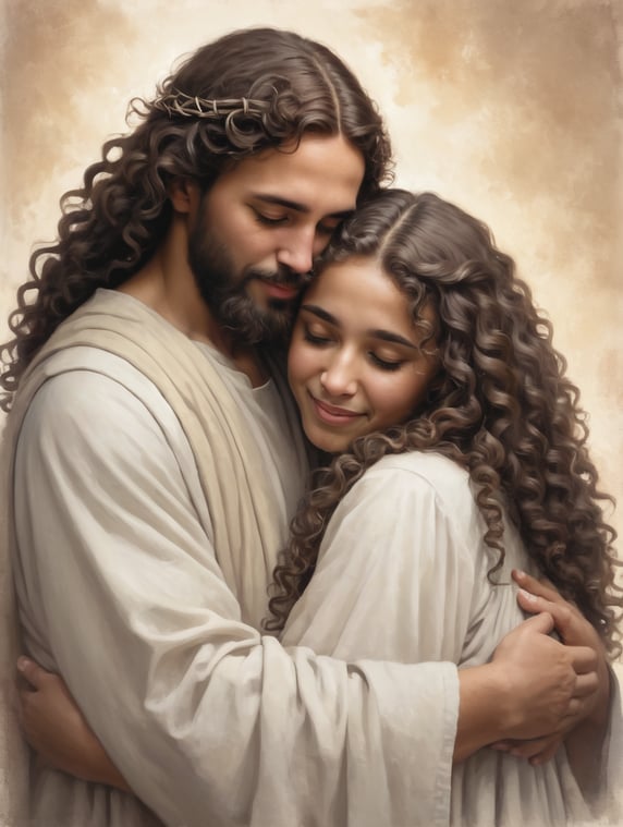 Premium Free ai Images | curly girl hugging jesus