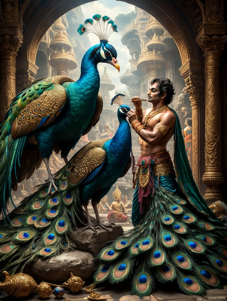 Premium Free ai Images | lord krishna playing with peacock in fantasy ...