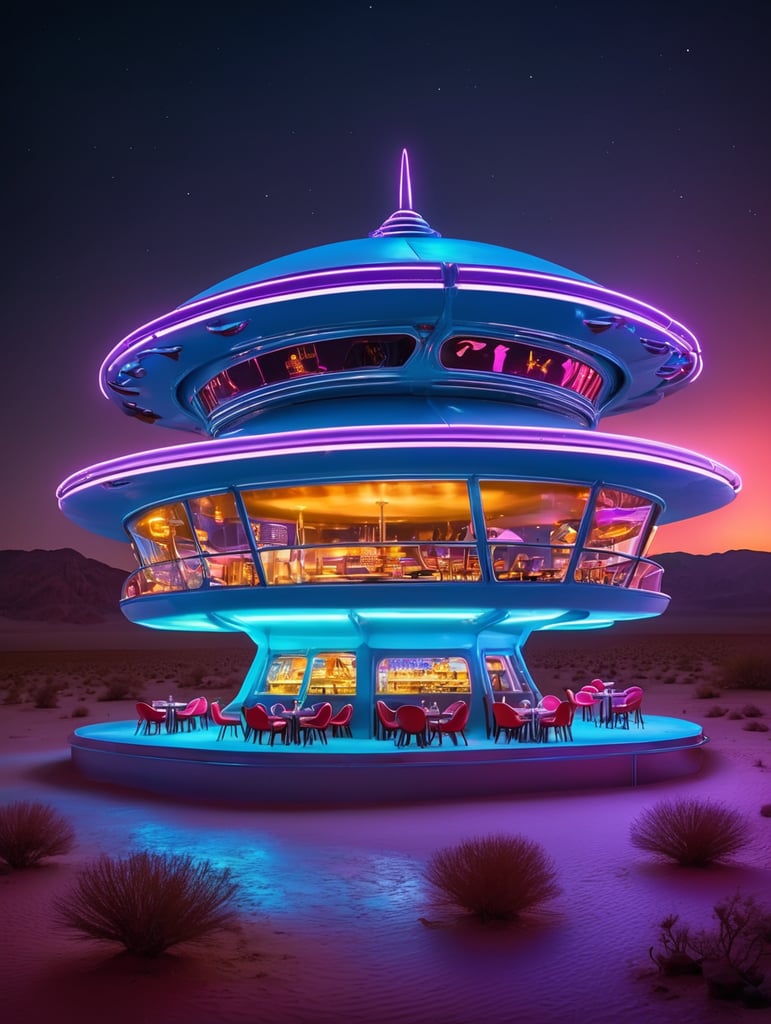 Premium Free ai Images | futuristic ufo cafe desert an night neon glass