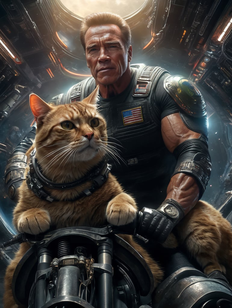 Premium Free ai Images | arnold schwarzenegger ride cat in space
