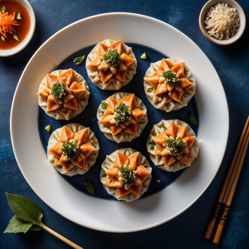 Premium Free ai Images | three chicken shumai dumpling dark blue ...