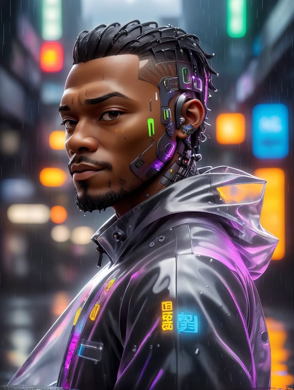 Premium Free ai Images | cyborg black man wearing transparent raincoat ...