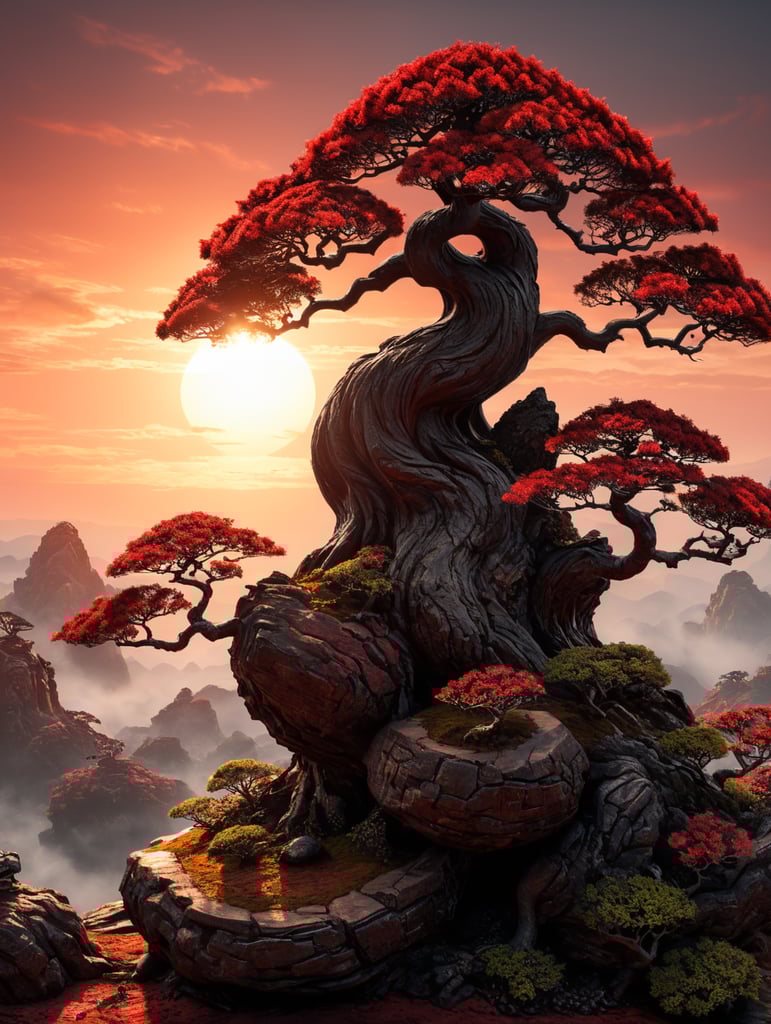 Premium Free ai Images | bonsai tree in sunset light only red and black ...